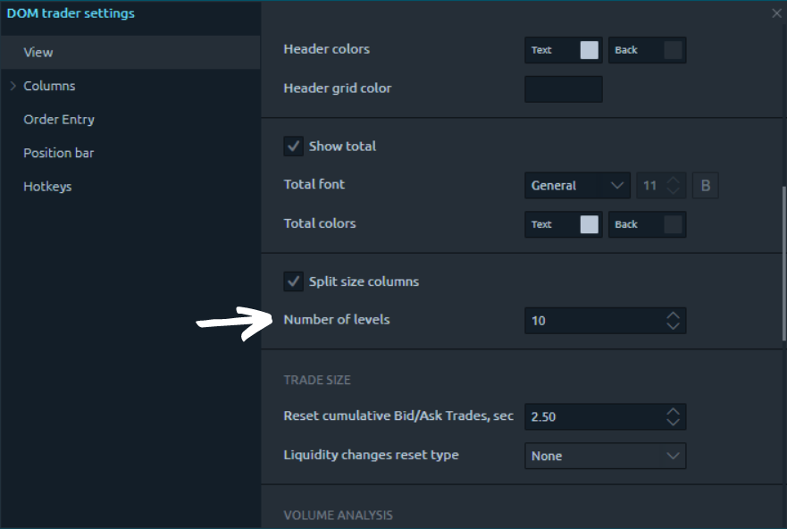 How can I change the number of DOM levels in Quantower?